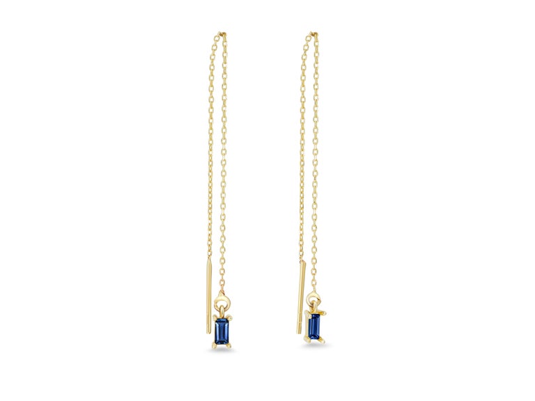 14k Solid Gold Drop Earrings with Blue Sapphire, Chain Gold Earrings ...