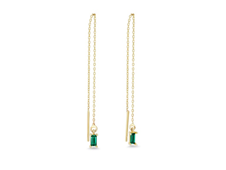 14k Solid Gold Drop Earrings with emeralds. Chain Gold Earrings For ...