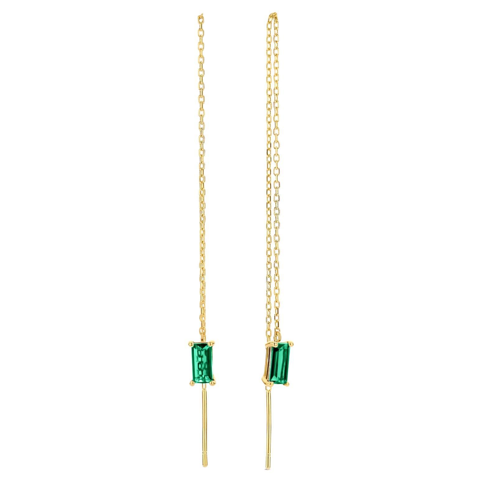 14k Solid Gold Drop Earrings with Blue Sapphire, Chain Gold Earrings ...
