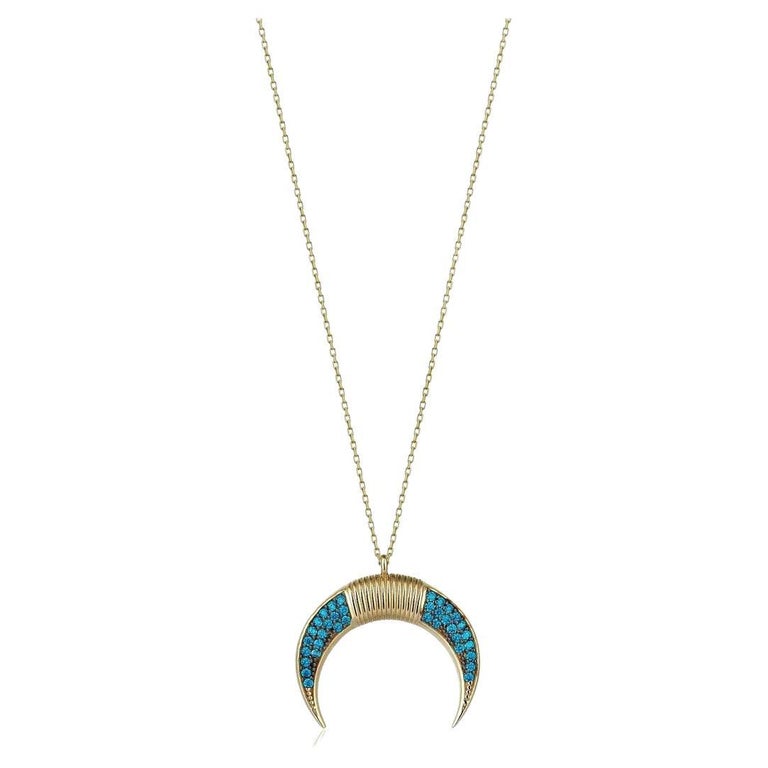 14k Solid Gold Horn Necklace, Gold Crescent Moon Pendant For Sale at ...
