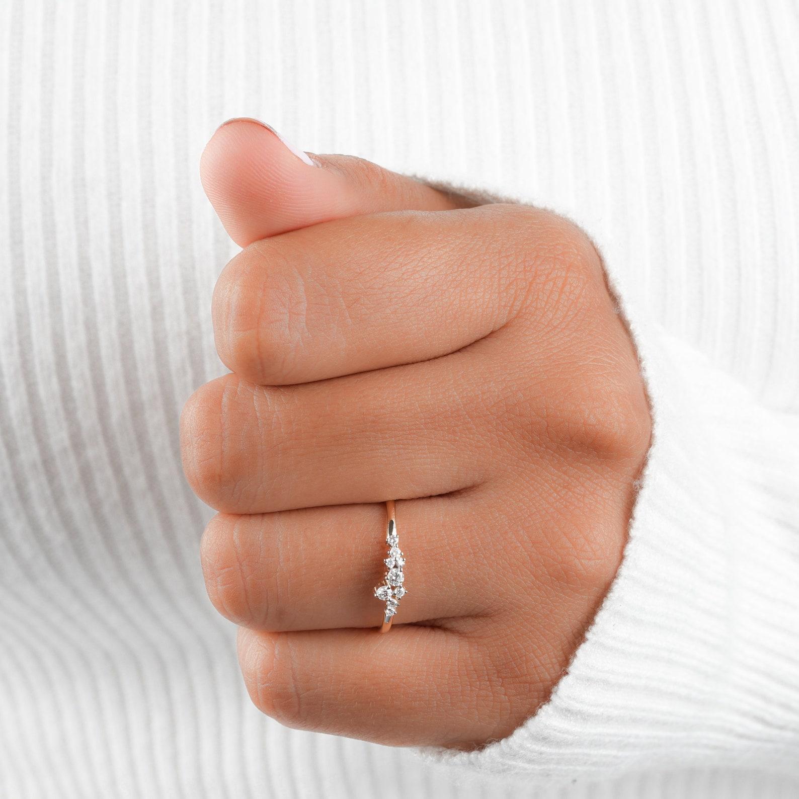 14k Solid Gold Natural Diamond Iconic Cluster Ring Minimalist Tiny Cluster Ring For Sale at 1stDibs