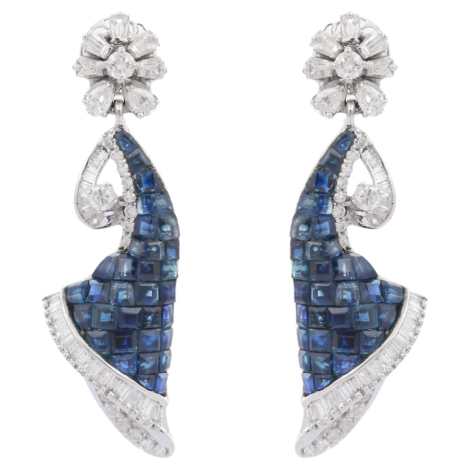 14K White Gold Blue Sapphire Designer Hoop Earrings For Sale at 1stDibs