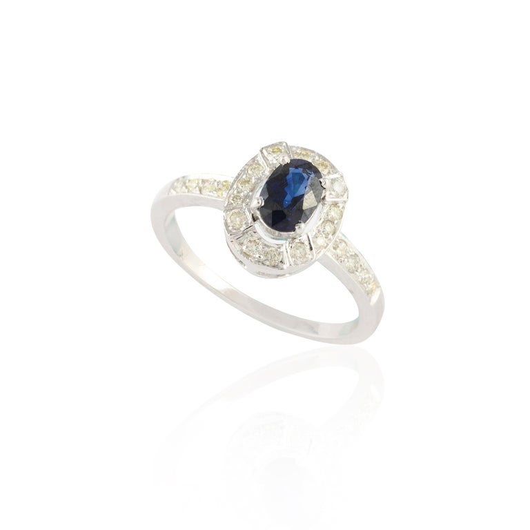 Customizable Simple 14K Solid White Gold Halo Diamond and Blue Sapphire ...