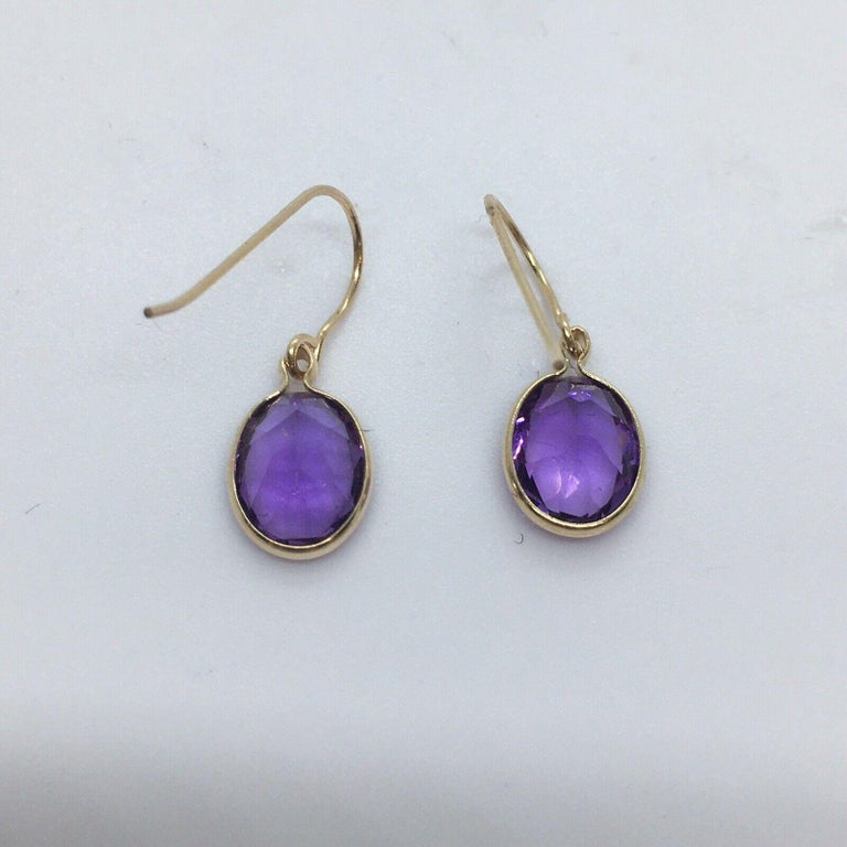 14K Solid Yellow Gold Oval Cut Amethyst Dangling Wire Earrings For Sale ...