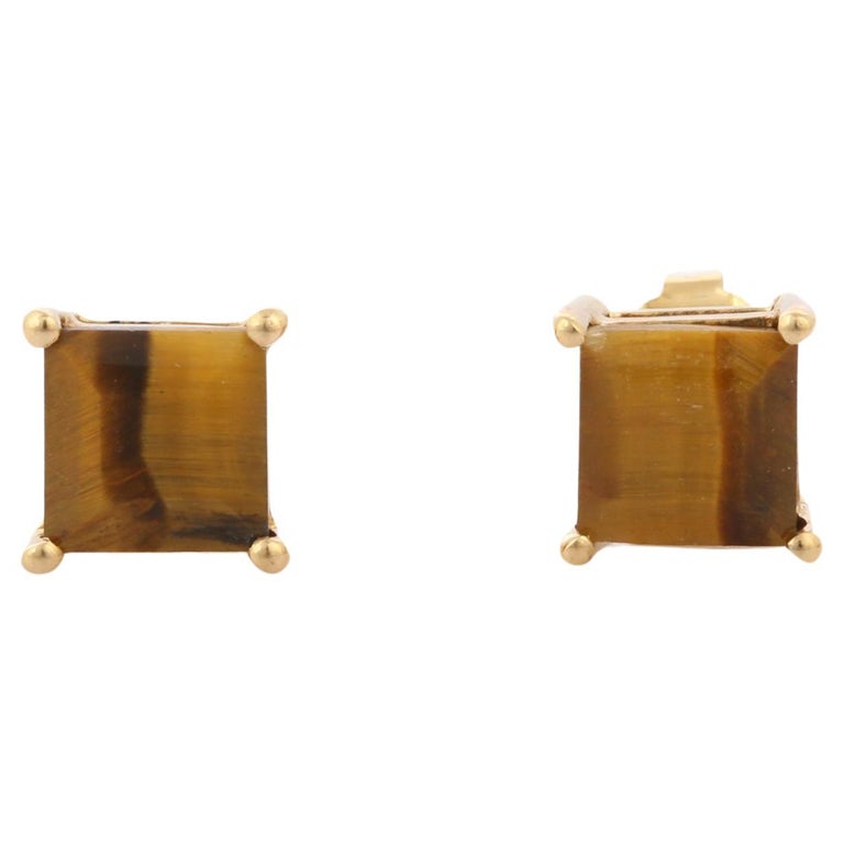14K Solid Yellow Gold Minimal 2.45 Ct Tiger's Eye Prong Set Stud ...