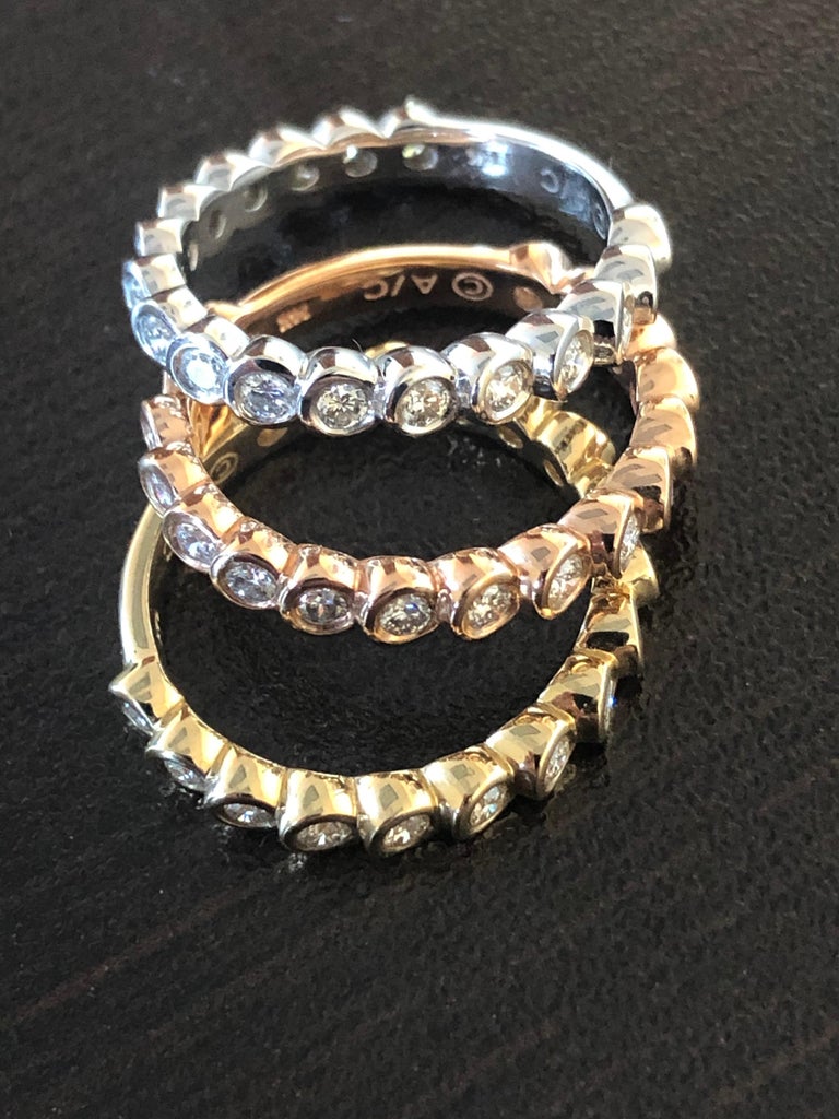 14 Karat Stackable Tricolor Bezel Diamond Rings For Sale at 1stDibs