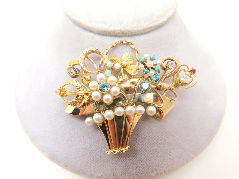 14K Stick Pin Collection Flower Basket Brooch For Sale at 1stDibs