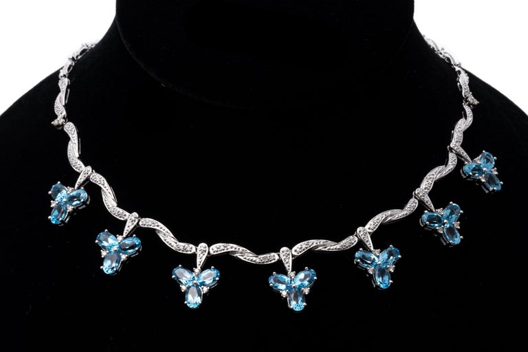 14k Striking Undulating Diamond and Blue Topaz Cluster Fringed Necklace ...