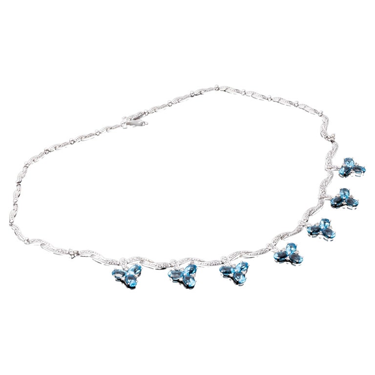 14k Striking Undulating Diamond and Blue Topaz Cluster Fringed Necklace ...
