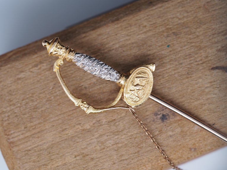 14k Sword Pin with Diamonds and Intricate Detail For Sale at 1stDibs