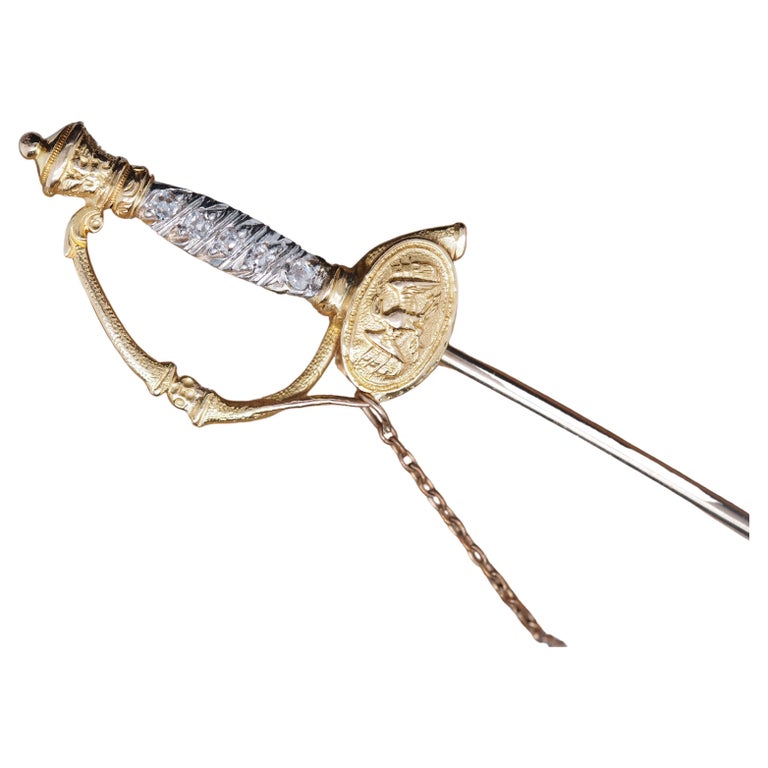 14k Sword Pin with Diamonds and Intricate Detail For Sale at 1stDibs