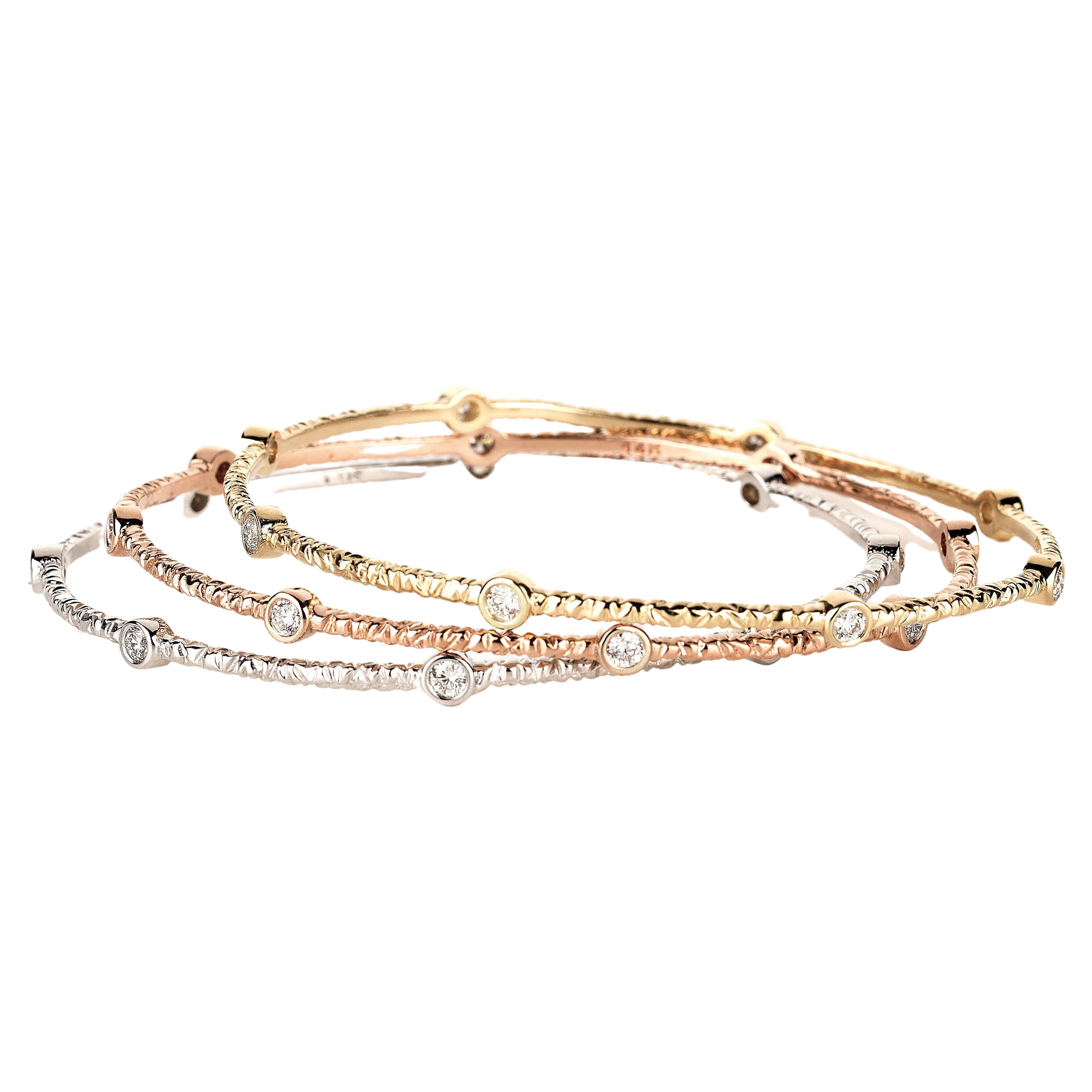 14k Tri Gold White, Yellow, and Rose Gold Round Cut Diamond Stackable ...
