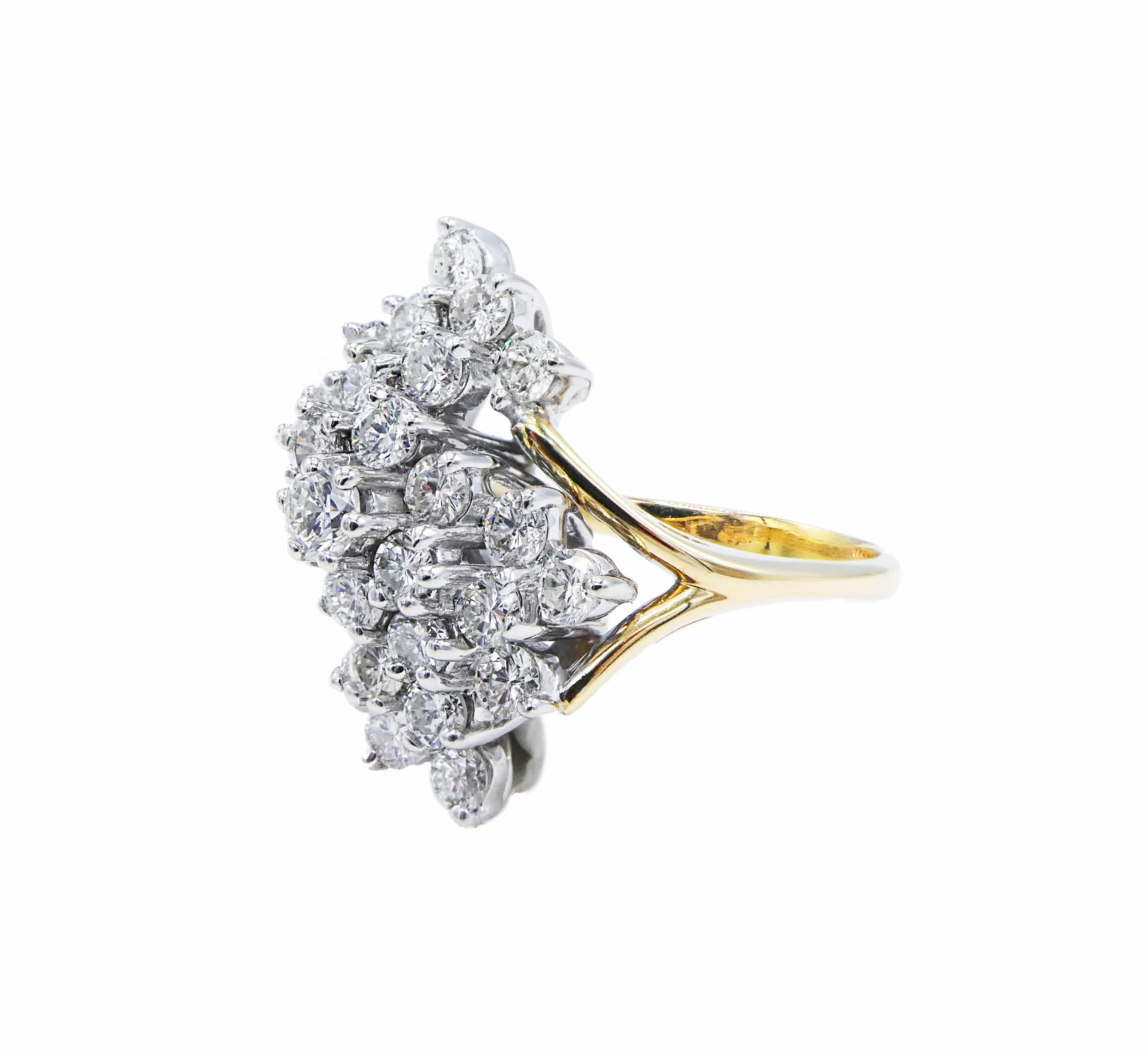 14 Karat Two-Tone 2.50 Carat Cluster Diamond Cocktail Ring at 1stDibs