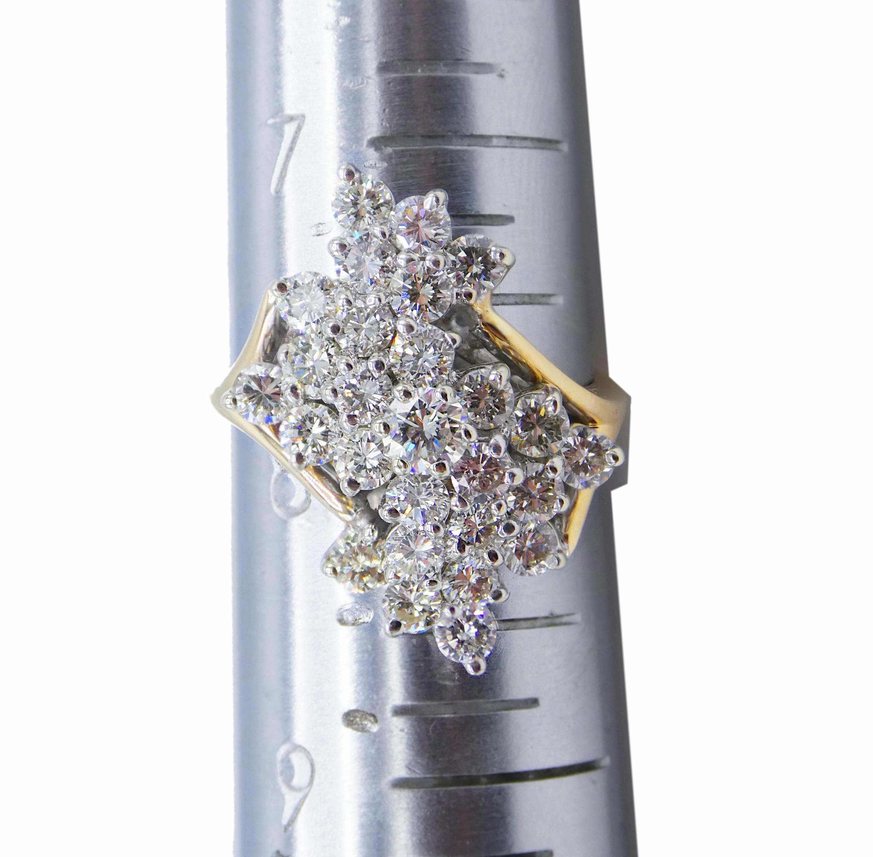 14 Karat Two-Tone 2.50 Carat Cluster Diamond Cocktail Ring at 1stDibs