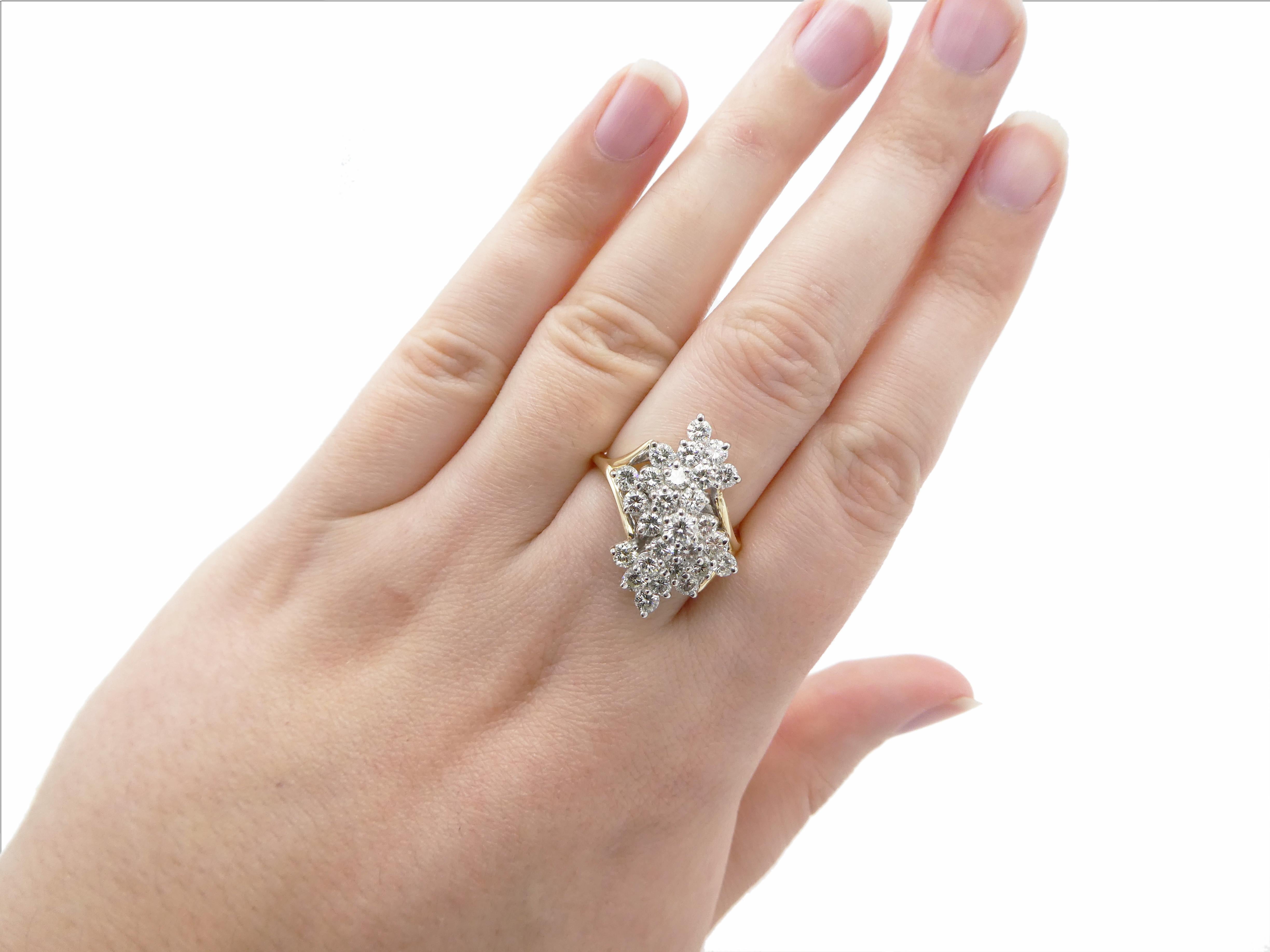 14 Karat Two-Tone 2.50 Carat Cluster Diamond Cocktail Ring at 1stDibs