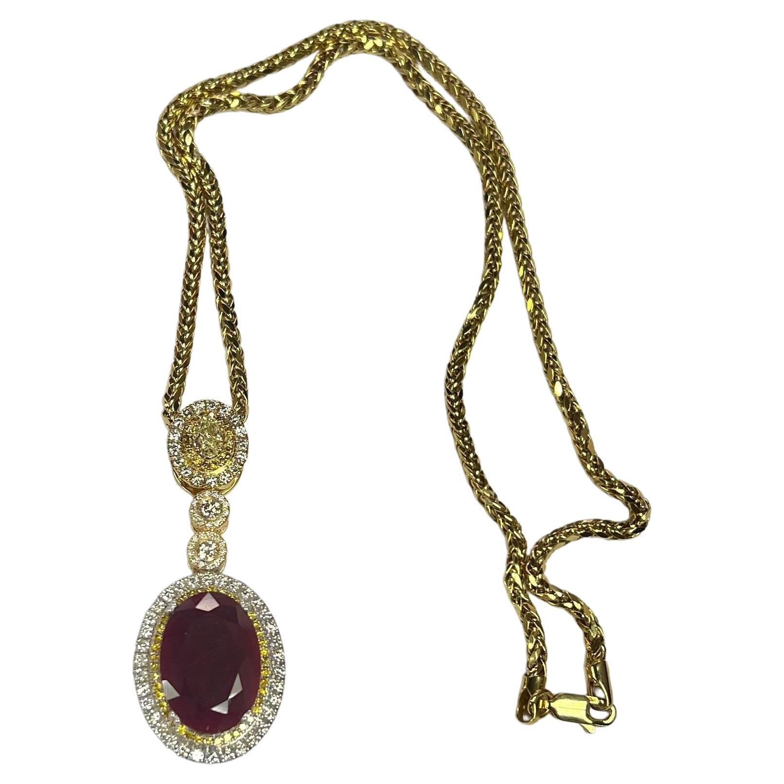14k Two-Tone Natural Ruby Pendant w/ Round Diamonds For Sale at 1stDibs