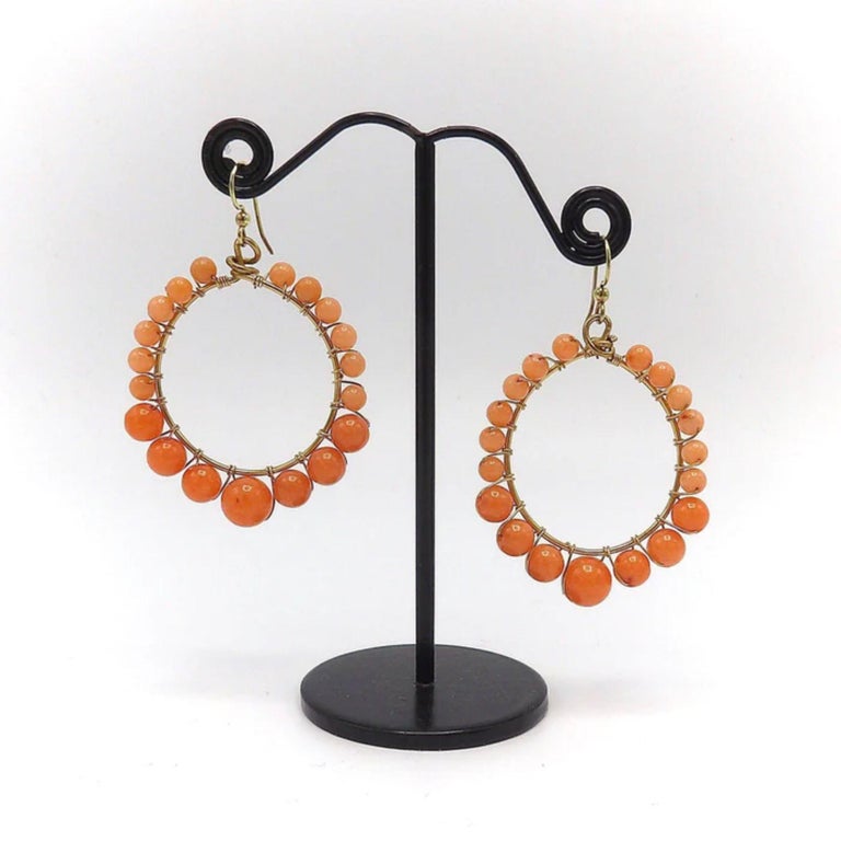 14K Vintage Coral Colored Glass Hoop Earrings For Sale at 1stDibs