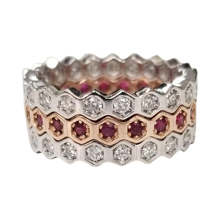 14k White and Rose Gold Stackable Rings with Diamonds and Rubies For ...