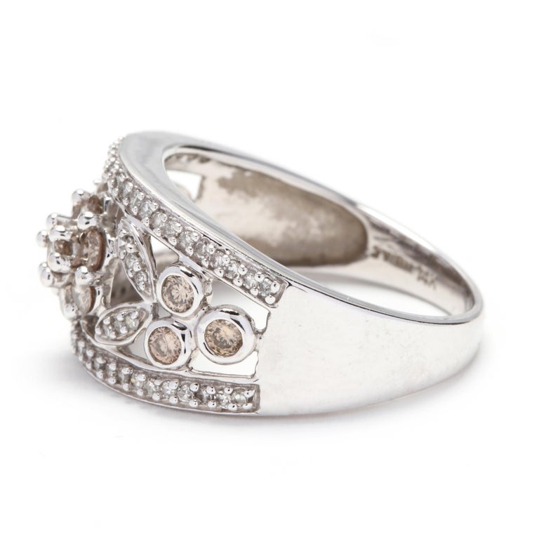 14 Karat White Gold, 1.27 Carat Brown abd White Diamond Wide Flower ...