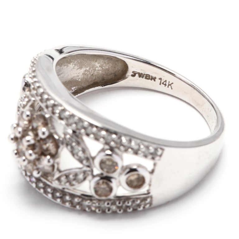 14 Karat White Gold, 1.27 Carat Brown abd White Diamond Wide Flower ...