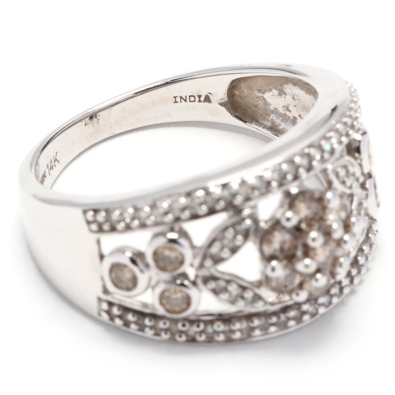 14 Karat White Gold, 1.27 Carat Brown abd White Diamond Wide Flower ...