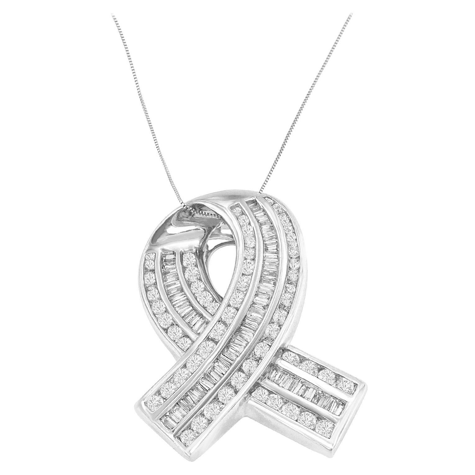 14K White Gold 1 5/8 Carat Diamond Heart Ribbon Pendant Necklace For ...