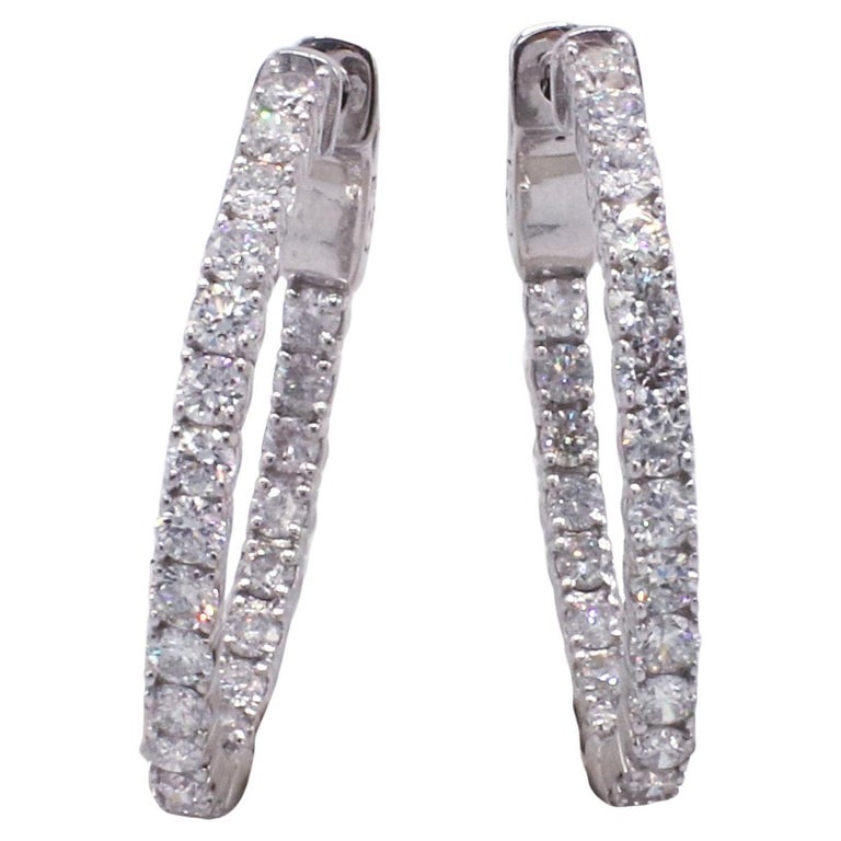 14K White Gold 2.65 Carat Inside Outside Diamond Hoop Earrings For Sale ...