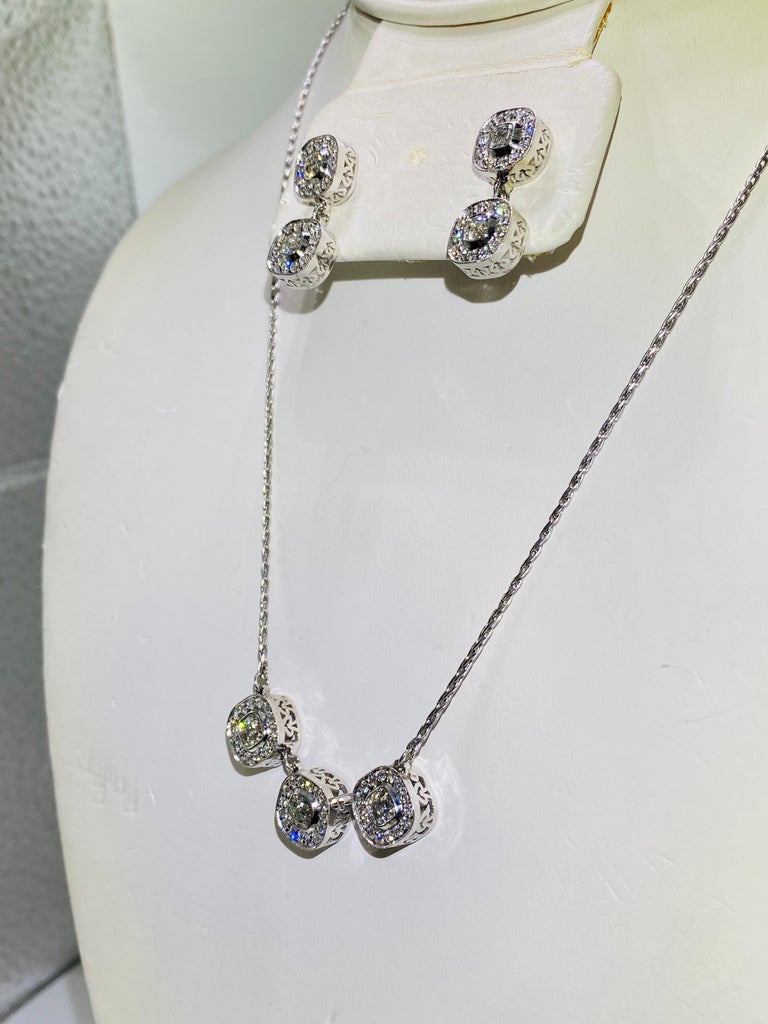 3.09CTW Diamond White Gold Necklace and Earring Set For Sale at 1stDibs