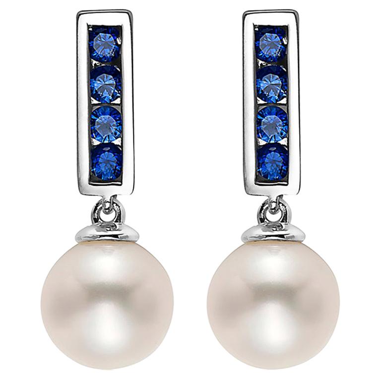 14k White Gold and Akoya Pearl with Blue Sapphire Earrings For Sale at 1stDibs