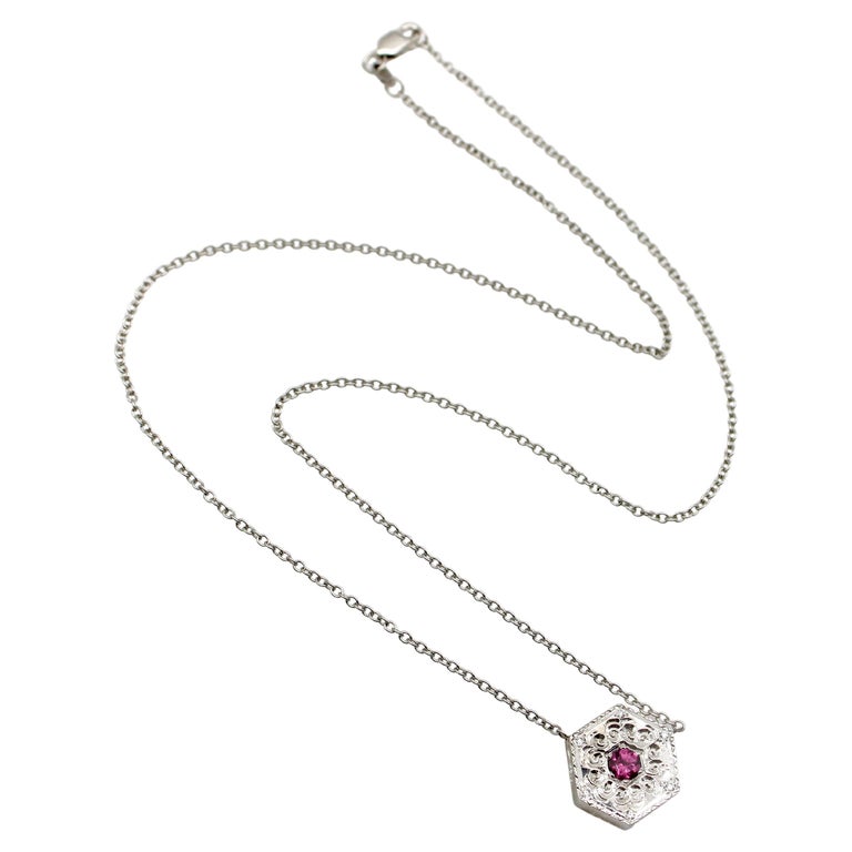14K White Gold and Pink Tourmaline Medallion Necklace For Sale at 1stDibs