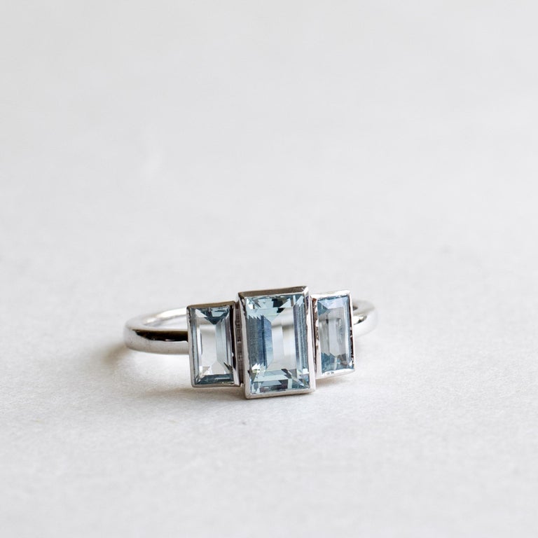 14k White Gold Aquamarine Three Stone Ring, Baguette Trilogy Ring, Art ...