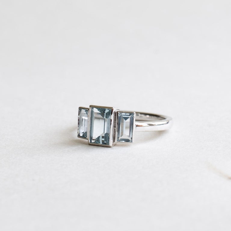 14k White Gold Aquamarine Three Stone Ring, Baguette Trilogy Ring, Art ...