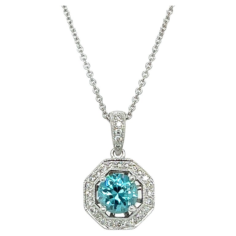 14k White Gold Blue Zircon and Diamond Pendant Necklace For Sale at 1stDibs