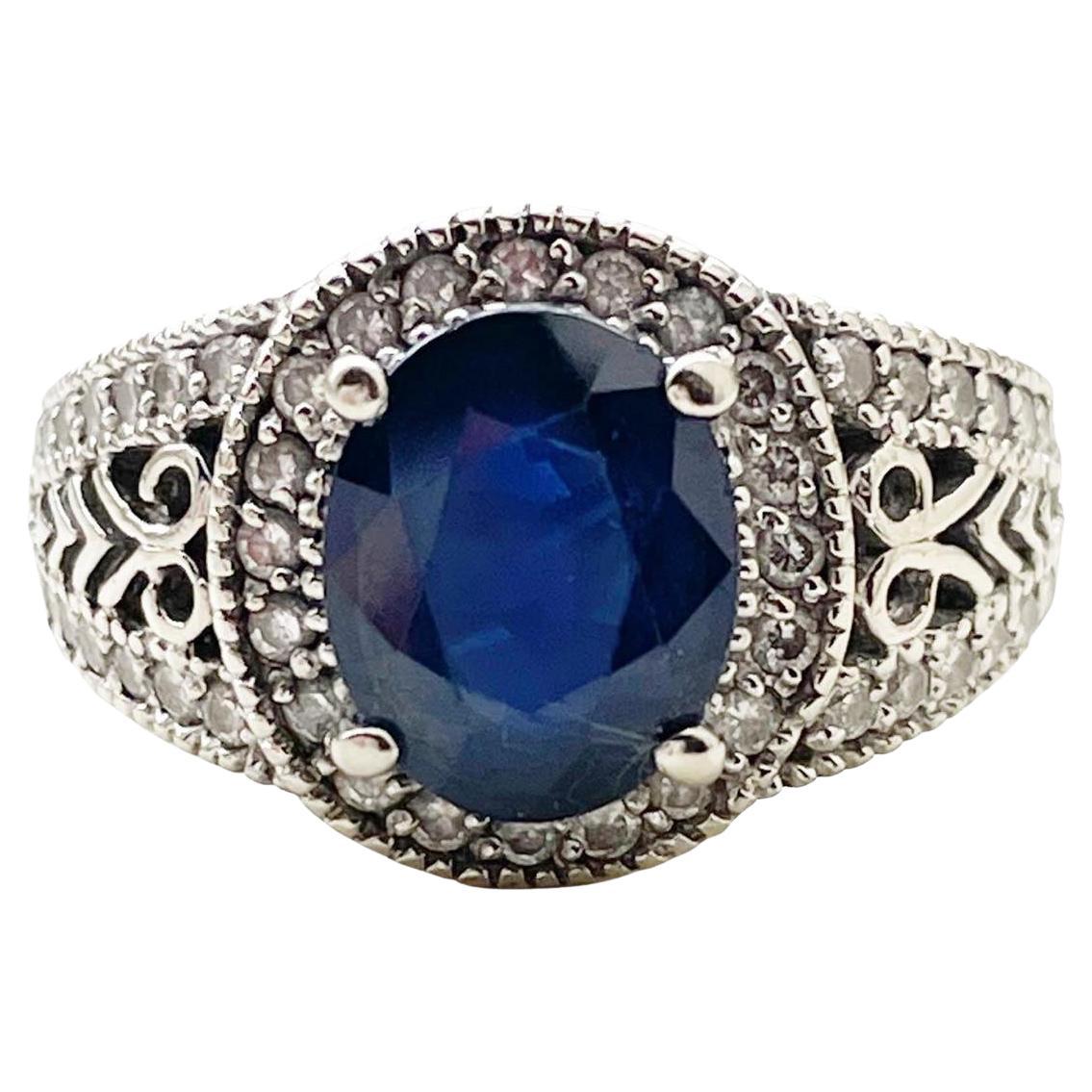 14k White Gold Bow Design and Diamond Halo Midnight Blue Sapphire ...