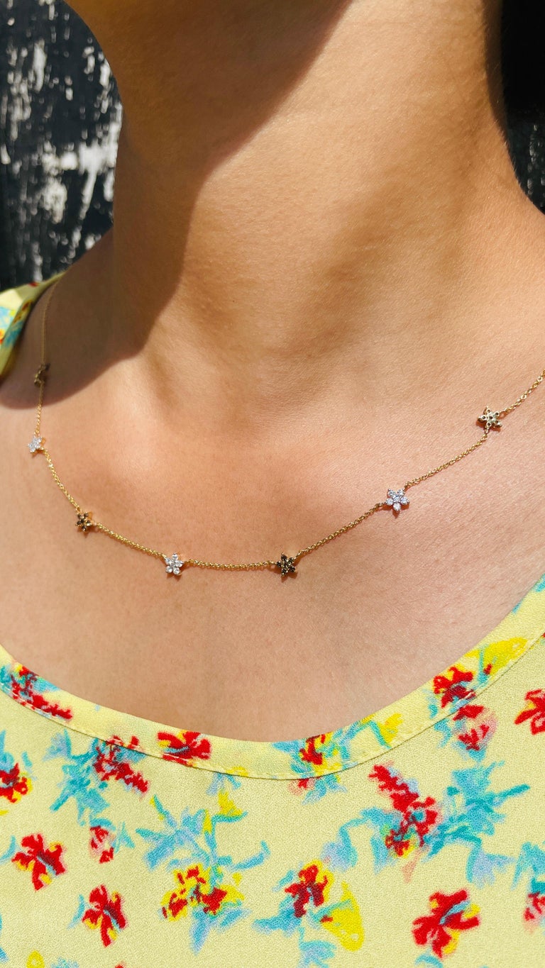 14K Yellow Gold Brown and White Diamond Flower Station Chain Necklace ...