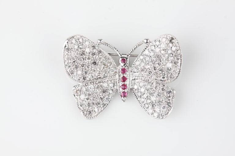 14k White Gold Butterfly Pave 1.87 Carat Diamond Brooch with Ruby ...