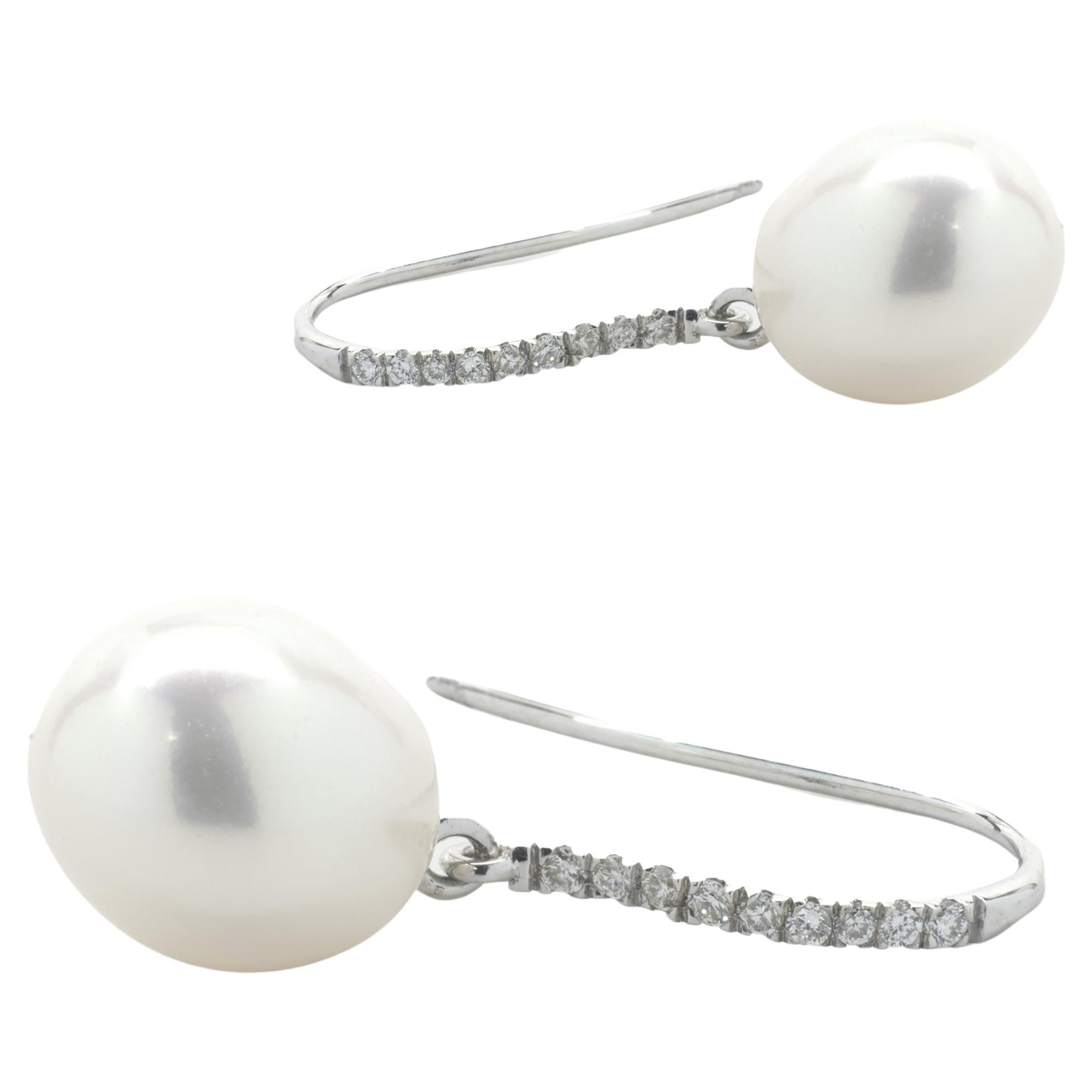 Large Button Pearl Earrings on Diamond Huggie Loops at 1stDibs