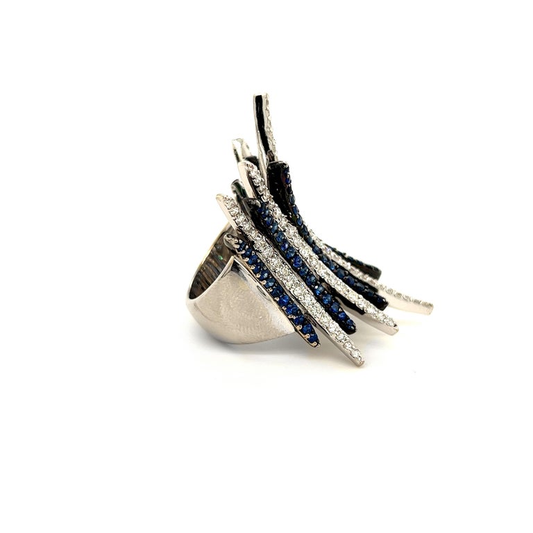 14K White Gold Diamond Blue Sapphire Wide Spear Ring For Sale at 1stDibs