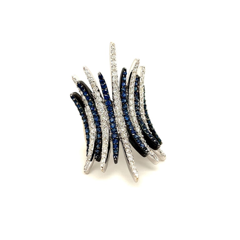 14K White Gold Diamond Blue Sapphire Wide Spear Ring For Sale at 1stDibs