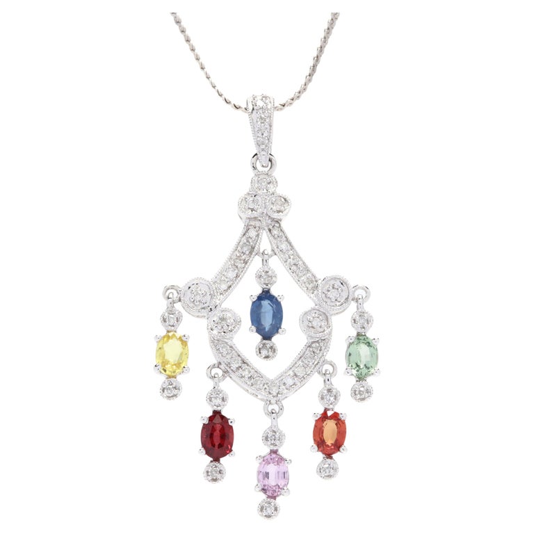14k White Gold, Diamond and Colored Stone Fringe Pendant at 1stDibs