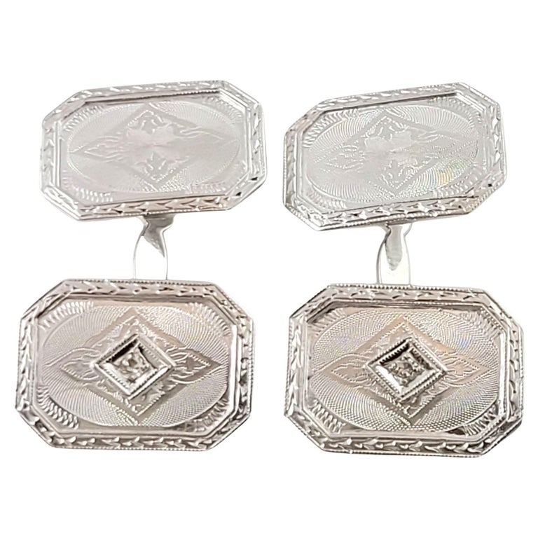 14K White Gold Diamond Cufflinks For Sale at 1stDibs