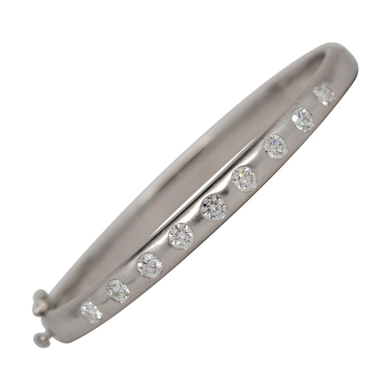 14k White Gold and Diamond Hinged Bangle Bracelet in Matte Finish, 1.71 ...