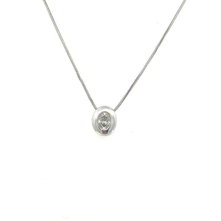 14K White Gold Floating Oval Diamond Bezel Set Necklace For Sale at 1stDibs