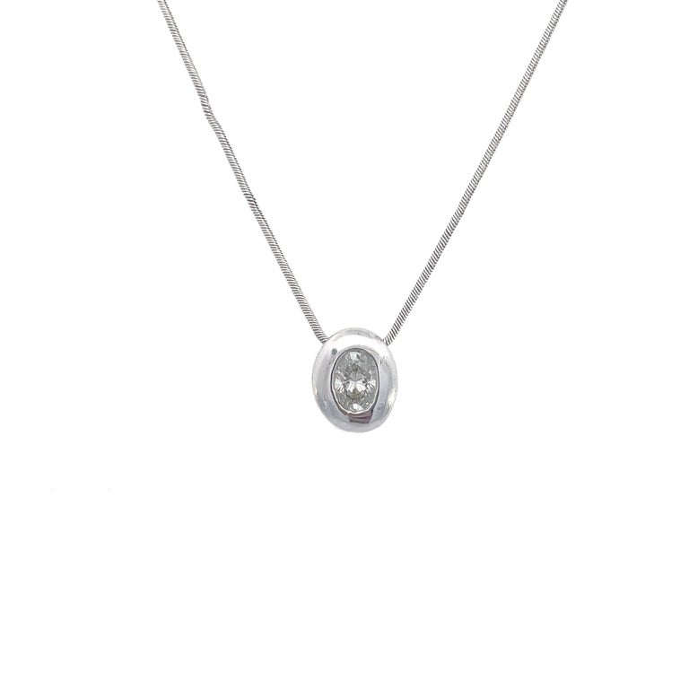 14K White Gold Floating Oval Diamond Bezel Set Necklace For Sale at 1stDibs