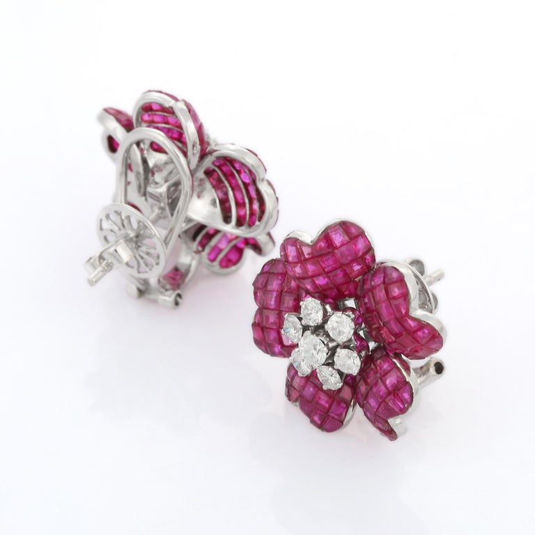 14K White Gold Floral Ruby Diamond Stud Earrings For Sale at 1stDibs