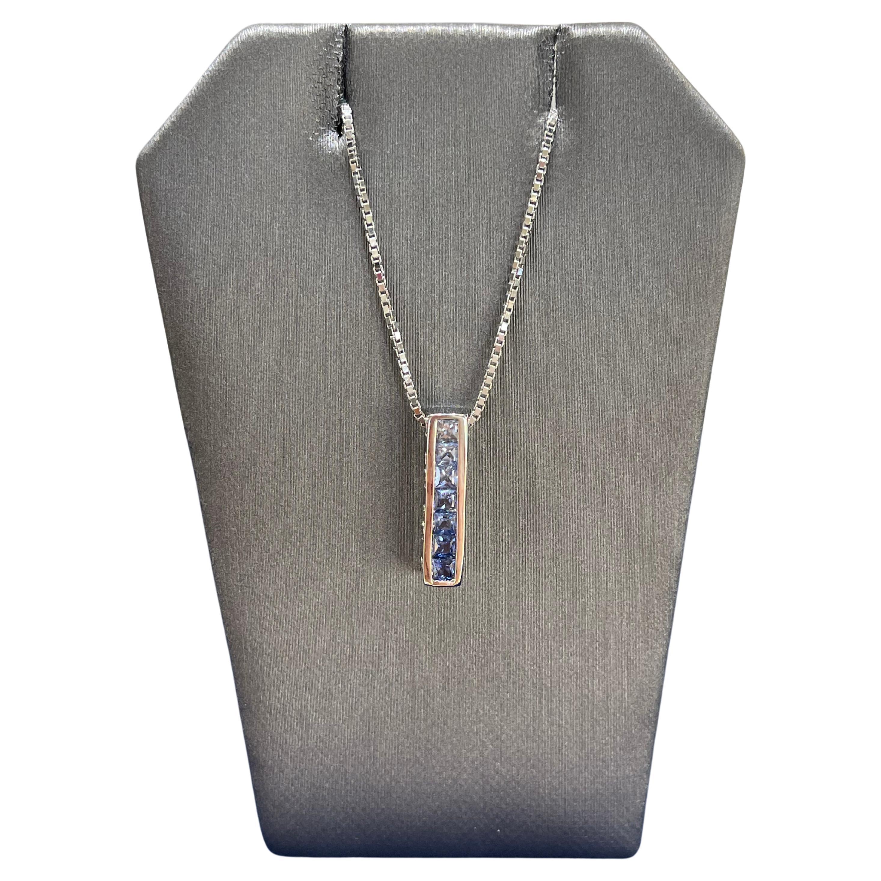 14K White Gold Modern Diamond and Blue Sapphire Baguette Pendant ...