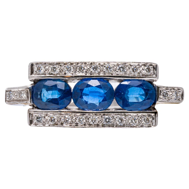 14k White Gold Horizontal Triple Oval Sapphire and Diamond Border Ring ...