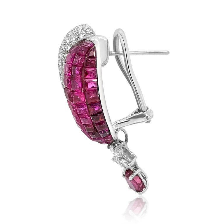 14 Karat White Gold Invisible set Ruby and Diamond Earrings For Sale at ...