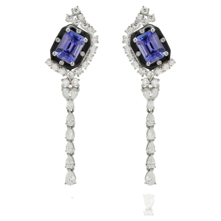 Diamond and Tanzanite Long Dangling Cocktail Earrings 14K Solid White ...