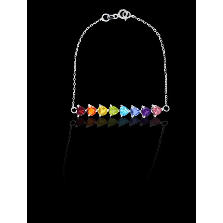 14K White Gold One Rainbow Heart Chain Bracelet For Sale at 1stDibs
